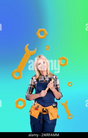 Vertical photo collage of happy repair-woman wear denim pinup suit ...