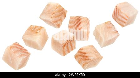 Falling cod fish fillet cubes isolated on white background Stock Photo ...