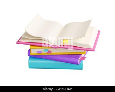 Stack of paper close and open books with hard cover and bookmarks lay ...