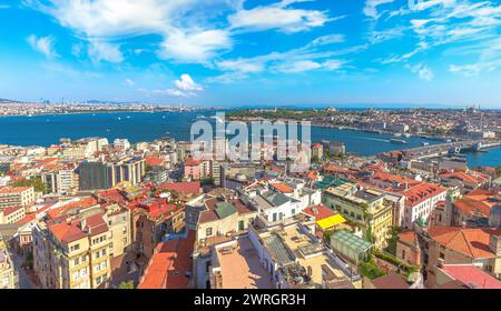 Aerial cityscape of istanbul with prominent landmarks and the bosphorus ...