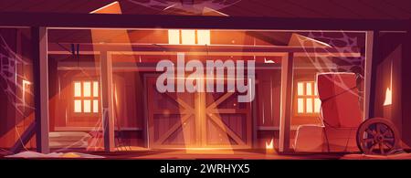 Abandoned destroyed farm barn inside with broken gardening tools, walls ...