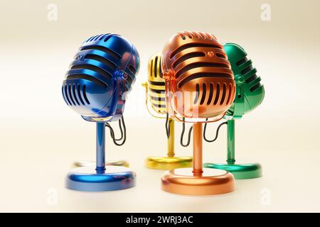 Multi-colored microphones in the shape of a flower on black background ...
