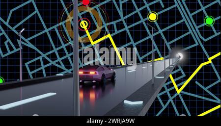 Image of digital interface with map over car driving Stock Photo - Alamy