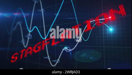 Image of stagflation text in red over graph and world map processing data Stock Photo - Alamy