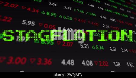 Image of stagflation text in green over graph and orange world map with ...