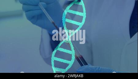 Image of rotating DNA strand over scientist wearing lab coat working in ...