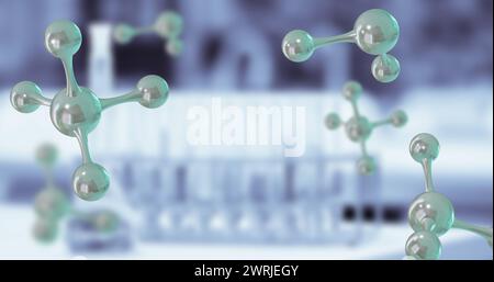 Image of micro of molecules models and laboratory beakers over white ...