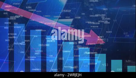 Image of statistics with red arrow pointing down and digital icons ...