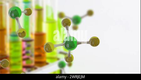 Image of micro of molecules models and laboratory beakers over white ...