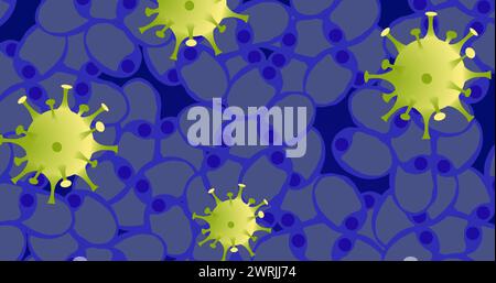 Image of yellow viruses over blue cells on navy background. Human ...
