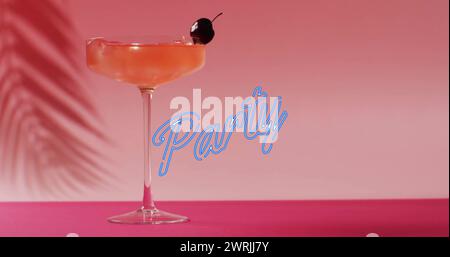 Image of party neon text and cocktail on pink background Stock Photo ...