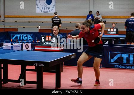 Anna KIRICHENKO of Finland (blue) plays Rebekka CARLSON of Norway (red ...