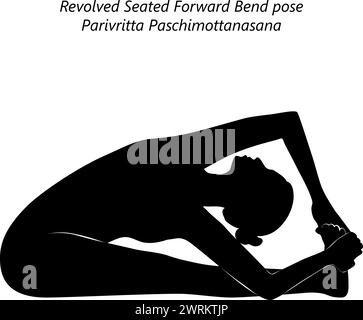Silhouette of woman doing yoga Parivritta Surya Yantrasana. Seated ...