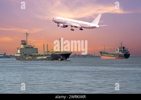 Cargo freight ships and passenger plane landing take off airport in ...