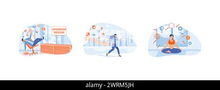 Input overloading. Information overload concept. Young man running away ...