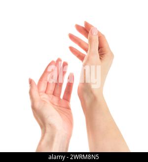 Hands. Empty two hands raised up, beg. Close up of beautiful female ...
