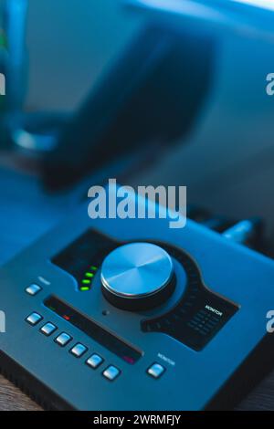Interface with dials and button for control sound. External sound card ...