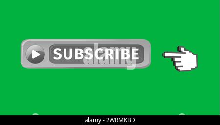 Grey subscription button with moving hand icon on green background in ...