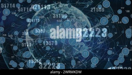 Image of digital icons and numbers changing over world map in ...