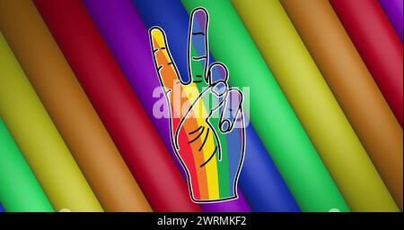 Image of rainbow hand with victory sign over rainbow background. Pride ...