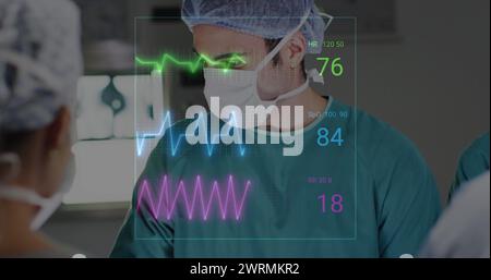 Image of vital signs readings over african american male surgeon ...