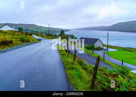 View of the village Carbost, on a rainy day, in the Isle of Skye, Inner ...
