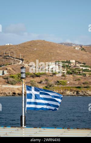 Flag of Greece on ferry, Kea Island, Cyclades, Greek Islands, Greece ...