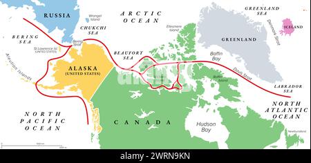 Bering Strait, political map. Strait between the North Pacific Ocean ...