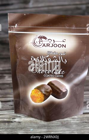 Cairo, Egypt, March 3 2024: Arjoon Dates Brown Chocolate pack, Saudi ...