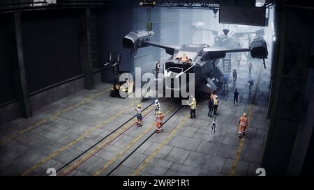 Robot walking. Production of military futuristic ship at the factory ...