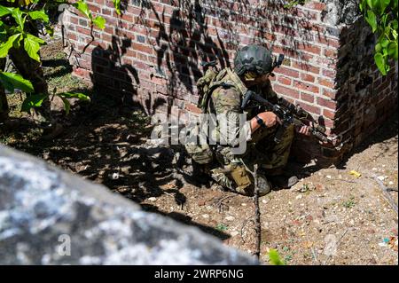 A Canadian soldier takes part in an announcement in Petawawa, Ont., on ...