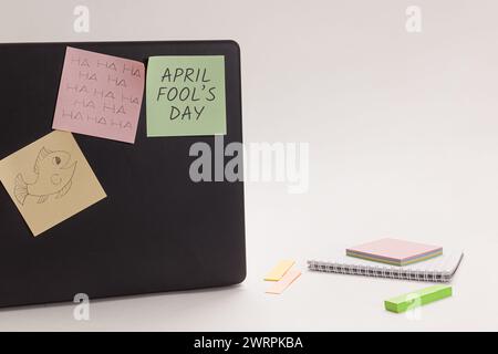 Concept of office on April Fool's Day stationery,glasses, laptop ...