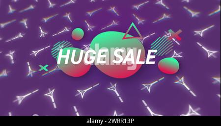 Image of huge sale over violet background with rotating white shapes ...