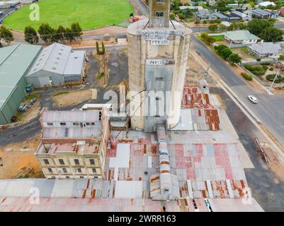 Aerial view of grain silos and storage sheds in a rural town at Nhill ...