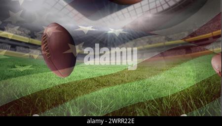 Waving american flag over multiple rugby balls falling against sports ...