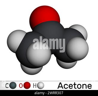 Acetone ketone molecule. It is organic solvent. Molecular model. 3D ...