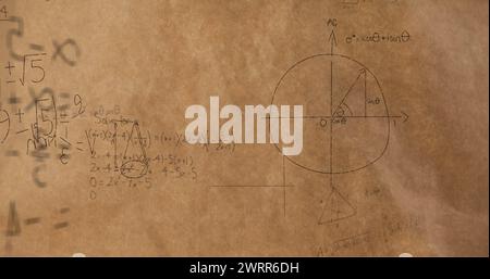 Math equations and figures animate on a brown background for a 4k back ...