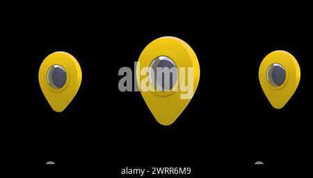 Digital image of yellow map pins moving in the screen against a black ...