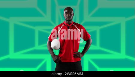 African american male american football player holding ball with neon ...