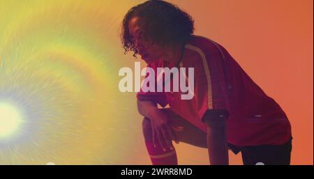 Image of flickering light over female rugby player on neon background ...