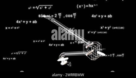 Image of compass icon and mathematical equations over empty classroom ...