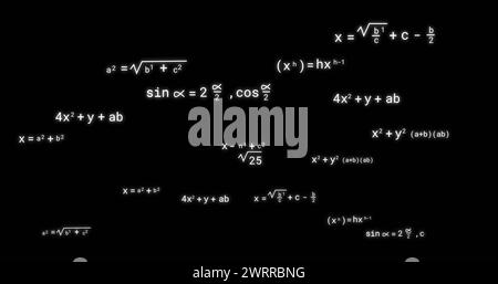 Image of icons and mathematical equations over books on grey background ...