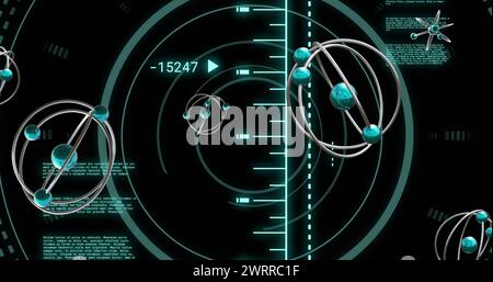 Image of atom model spinning and data processing on black background ...