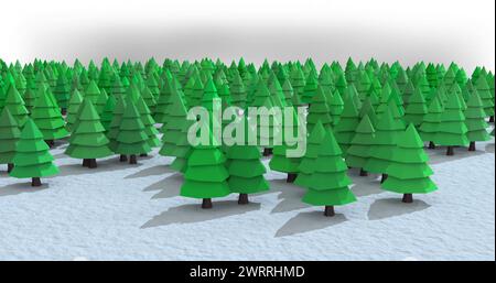 Multiple trees icons on winter landscape over snowflakes falling ...
