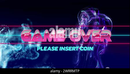 Image of game over text banner over light spot and red digital waves ...