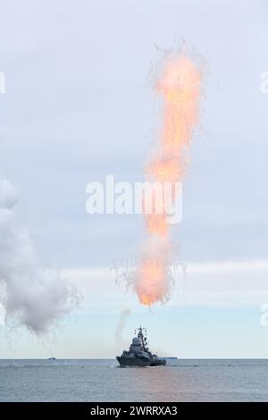Russian warship fired decoy flares for self defense, sailing at sea ...