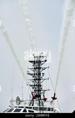 Fireboat water salute close up view, fireboat directing jets of water ...