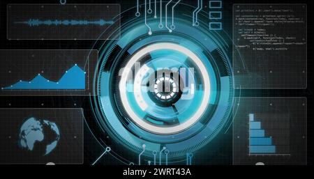 Image of motherboard and circular scanner processing data on interface with black background ...