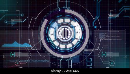 Image of motherboard and circular scanner processing data on interface with black background ...