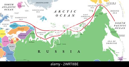Bering Strait, political map. Strait between the North Pacific Ocean ...